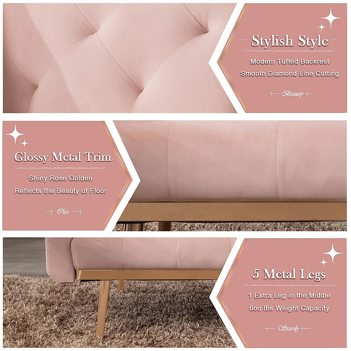 Convertible Velvet Futon Sofa Bed, Upholstered Loveseat Sleeper Couch with 3 Reclining Angles and 2 Pillows, Modern Living Room Sofa Couch with 5 Solid Metal Legs for Guest Room, Office, Pink