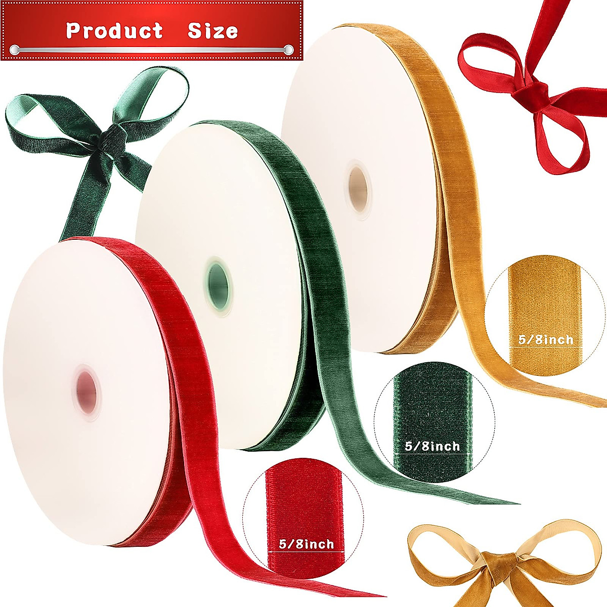 Patelai 3 Rolls 75 Yards Christmas Velvet Ribbon Vintage Velvet Ribbon Spool Green Red and Khaki Velvet Ribbon Roll for Christmas Wedding Wrapping DIY Crafts Decoration Favors (3/5 Inch)