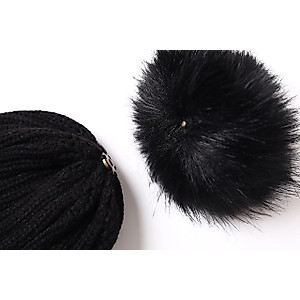 Roniky Womens Winter Beanie Hat, Silk Satin Lined Faux Fur Pom Pom Beanies Hat for Women Girls Warm Winter Knit Hats Black