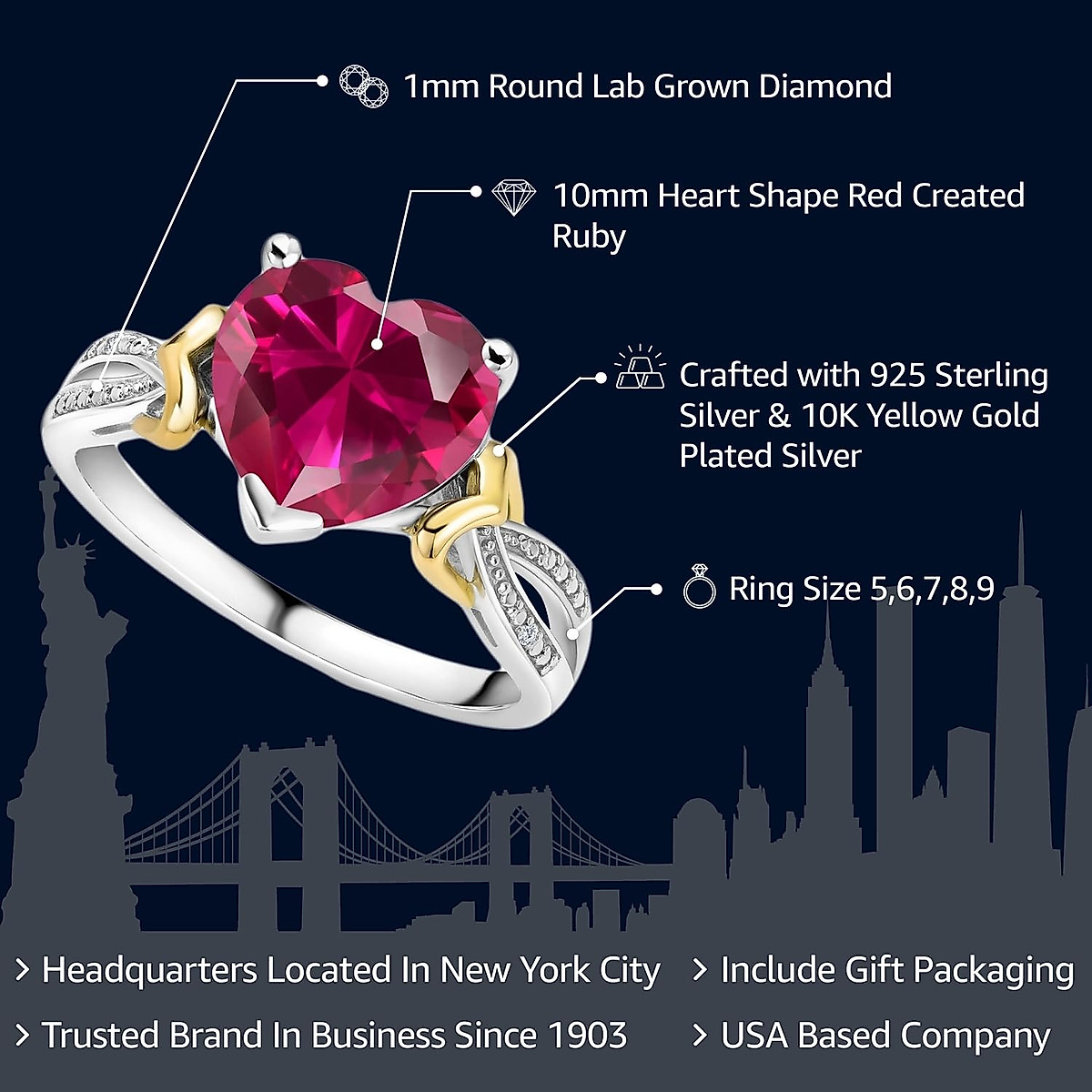 Gem Stone King 925 Sterling Silver and 10K Yellow Gold 10MM Heart Shape Gemstone Birthstone and Diamond Engagement Ring For Women | Available In Size 5, 6, 7, 8, 9