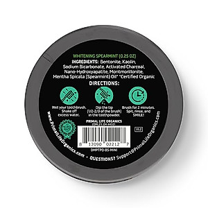 Primal Life Organics - Dirty Mouth Toothpowder, Activated Charcoal Tooth Cleaning Powder, Essential Oils with Kaolin & Bentonite Clay, 200+ Brushings, Organic, Vegan (Black Spearmint, 0.25 oz)