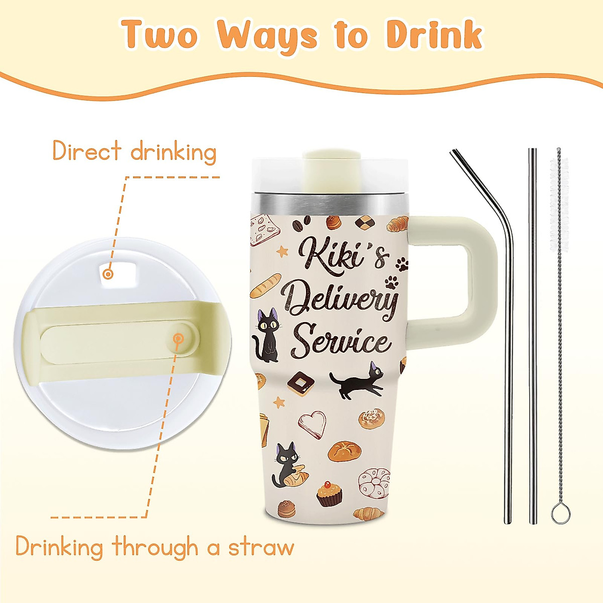 Anime Gifts for Girls, Kiki's Cats Tumbler with Handle and Straw for Kids 14oz, Insulated Stainless Steel Cats Mug, Anime Cat Gifts for Cat Lovers, Kiki's Delivery Service, Bakery