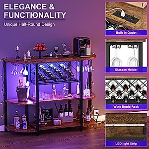 Unikito Wine Rack Table with Socket and LED Light, Floor Bar Cabinet for Liquor and Glasses, Wood Coffee Bar Cabinet with Adjustable Wine Rack, FreeStanding Sideboard and Buffet Cabinet, Rustic
