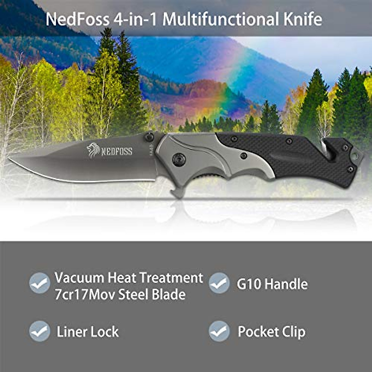 NEDFOSS Pocket Knife for Men, 4-in-1 Multitool Folding Knife with Glass Breaker, Seat Belt Cutter, Bottle Opener, Survival Knife for Emergency Rescue Situations, Home Improvements (FA49)