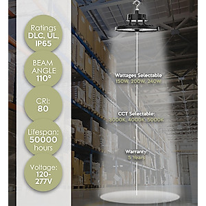 WareLight Aries G3 UFO LED High Bay Light, 240W Wattage Selectable,33600 Lumens, CCT Selectable, 120-277V, Black Finish