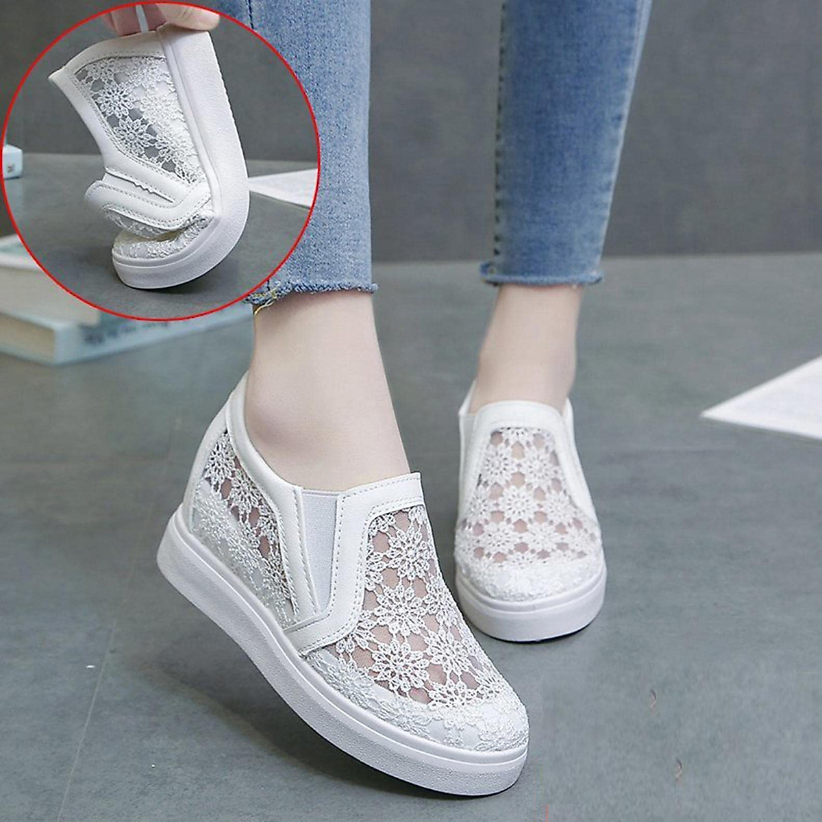 ZSpzx Women's Platform Sneakers Hidden Wedge Sneakers Fashion Floral Lace Mehs Slip On Thick Bottom Tennis Shoes Round Toe Classic Leather Wedge Heeled Sneaker Memory Foam Cushion Walking Shoes