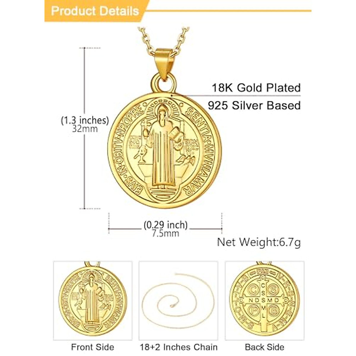 U7 Women Men 18K Gold Plated 925 Sterling Silver 1.5mm Dainty Chain & Coin Saint Benedict Pendant Necklace