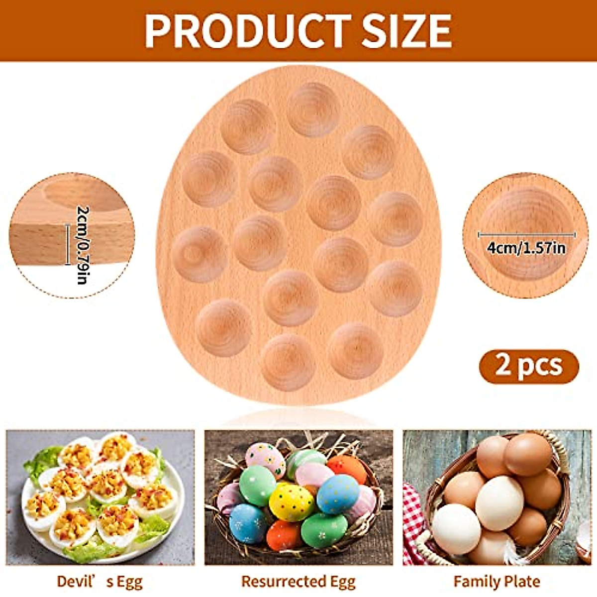 2 Packs 15 Holes Wooden Deviled Egg Plate Easter Egg Tray Egg Holder for Fresh Egg Oval Wooden Egg Storage Container for Kitchen Cabinets Display or Storage-9.6x8.1in