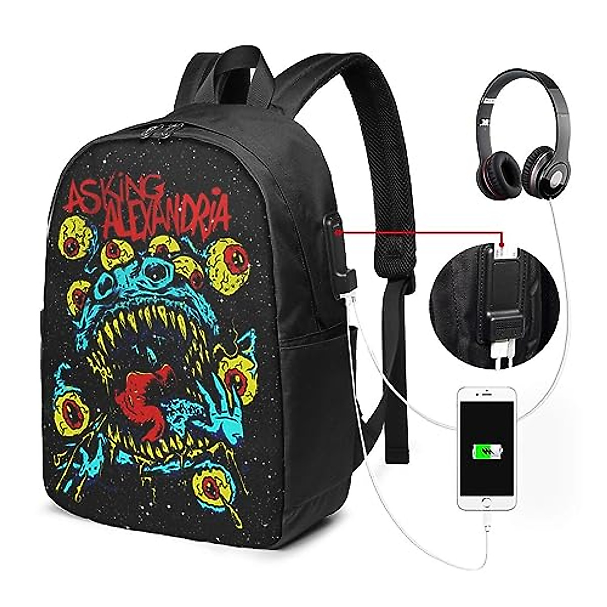 Qcosjeem Asking Rock Band Alexandria Backpack,unisex casual book bags,external usb interface,earphone cable interface,label.traveling backpack suitable for laptop Fashion usb Backpack