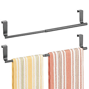 mDesign Adjustable, Expandable Over Kitchen Cabinet Towel Bar Rack - Hang on Inside or Outside of Doors, Hold Hand, Dish, Tea Towels - Customizable to 17" Wide, Omni Collection - Matte Black