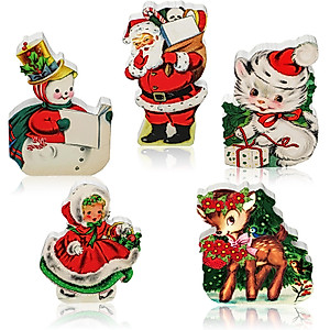 Layhit 5 Pcs Christmas Vintage Tiered Tray Decors Retro Farmhouse Wooden Signs Christmas Santa Snowman Cat Deer Winter Table Decors for Home Table Tabletop Decoration Christmas Party Supplies