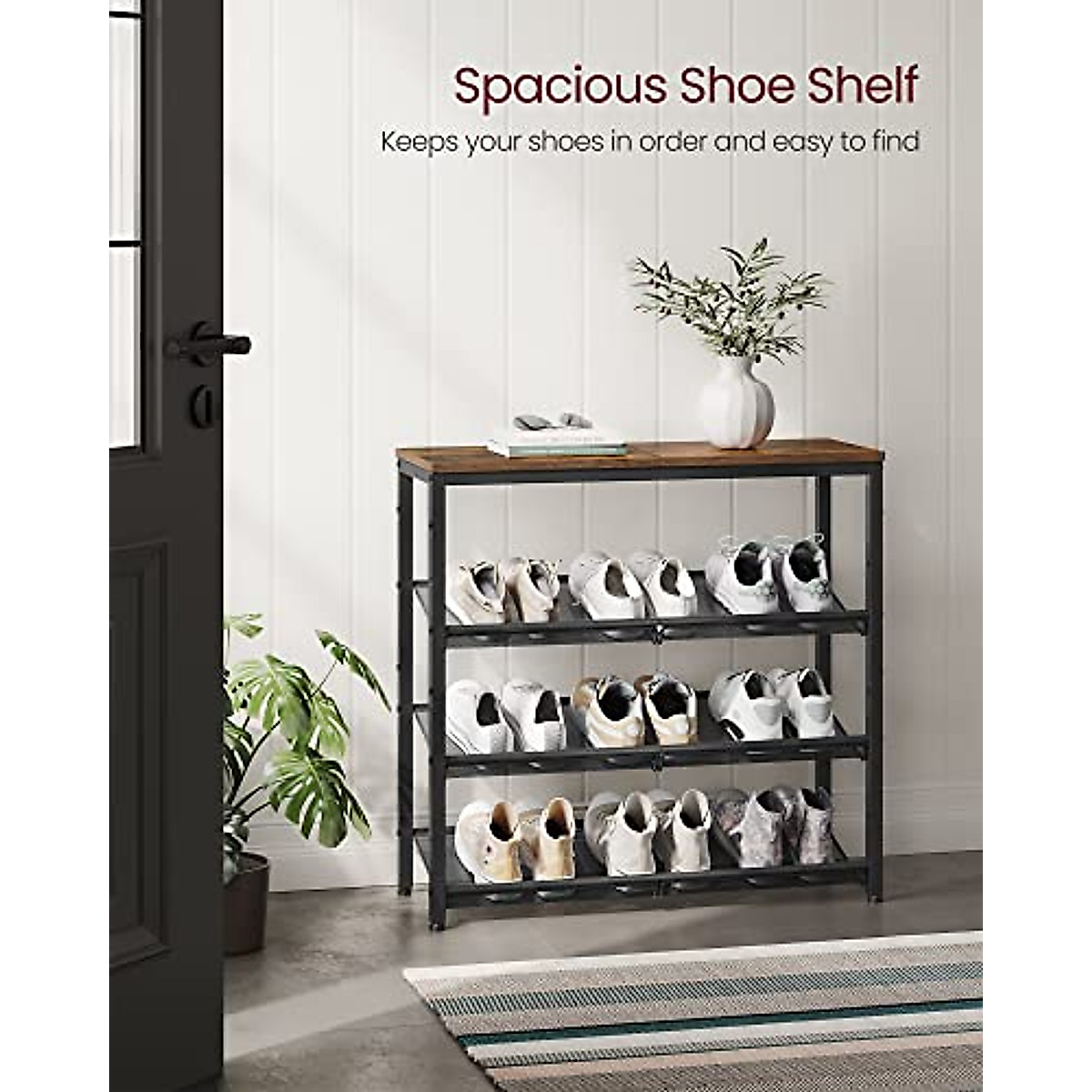 VASAGLE Shoe Rack for Entryway, 4 Tier Shoe Storage Shelves, 12-15 Pairs Shoe Organizer, with Sturdy Wooden Top and Steel Frame, Free Standing, Industrial, Rustic Brown and Black ULBS040B01