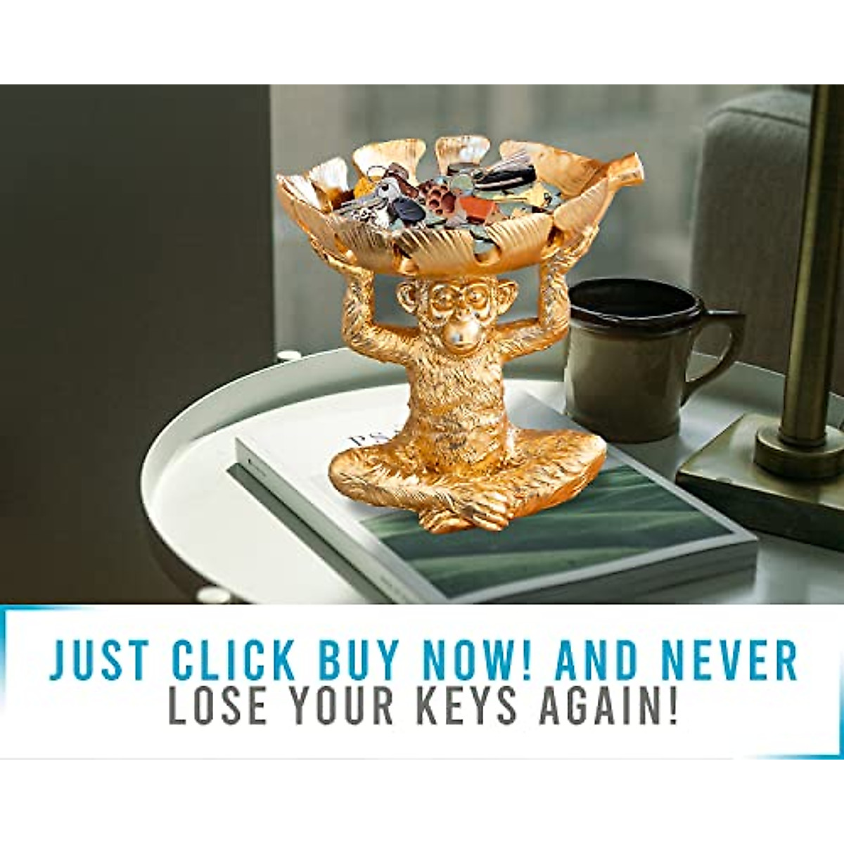 Adorable “Monkey” Candy Tray Made of Resin – Monkey Sculpture w/Split Leaf Dish for Snacks, Nuts, Candies & More – Decorative Holder w/Golden Finish for Keys or Jewelry – Ornament for Modern Decor