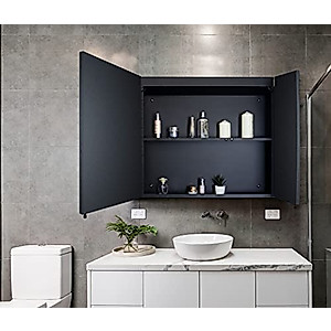 JimsMaison 30x26 inch Silver LED Mirror Bathroom Medicine Cabinet with Double Doors, Space Iron Mirror Storage Cabinet with Defog Function, Dimmable Lights Brightness, Surface or Wall-Black Inner