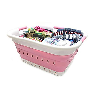 SAMMART 41L Collapsible 3 Handled Plastic Laundry Basket - Foldable Pop Up Storage Container/Organizer - Portable Washing Tub - Space Saving Hamper/Basket (3 handled rectangular, White/Pink)