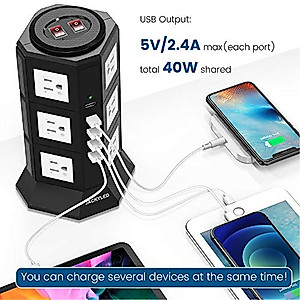 Surge Protector Power Strip Tower JACKYLED 12 AC Outlets 3000W 15A and 5 USB Slots 8A Desktop Smart Charging Station Multiple Protection with Heavy Duty 6.5ft 14 AWG Extension Cord for Home Black