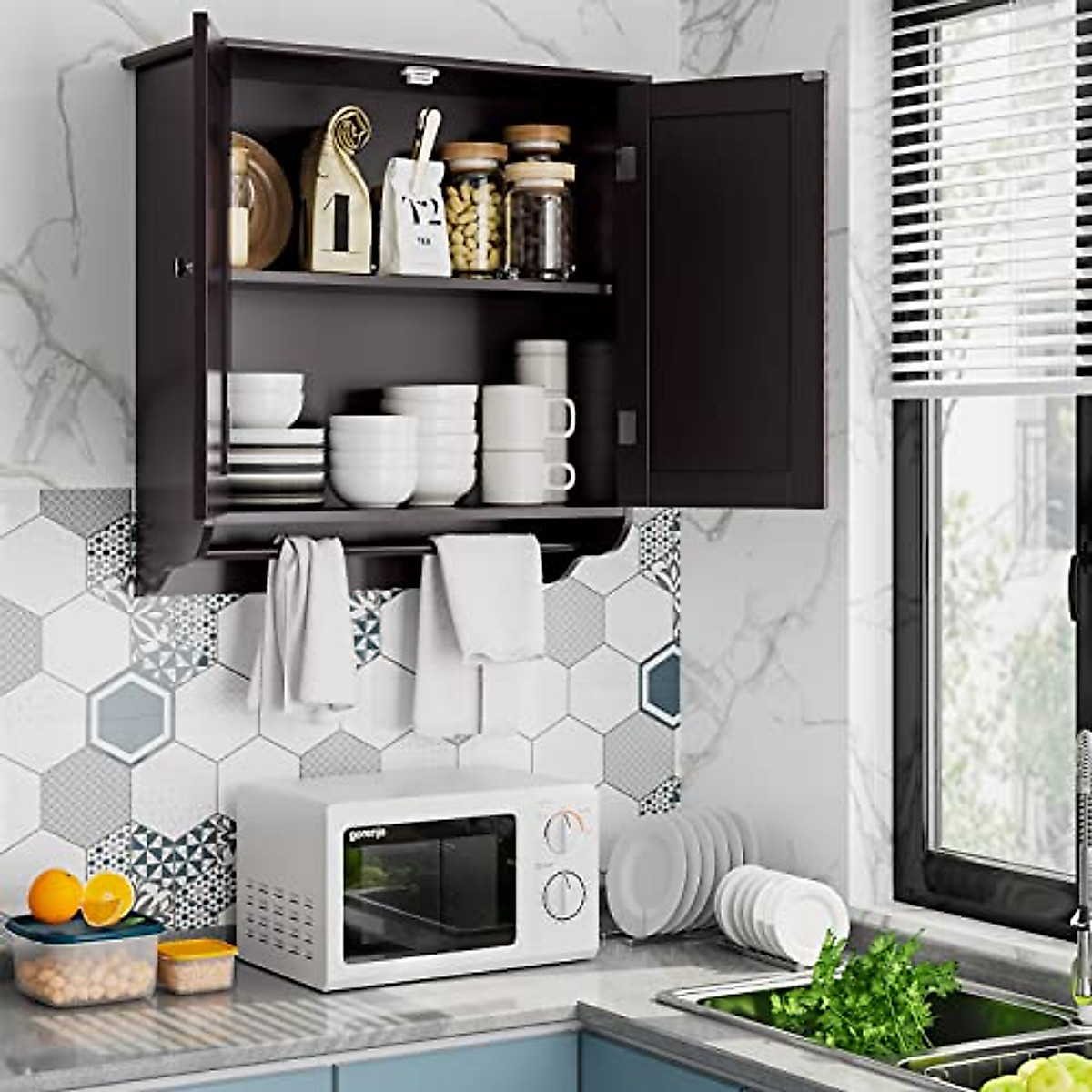 FOTOSOK Bathroom Wall Cabinet with 2 Doors and Adjustable Shelf, 23.6"x24.2" Medicine Cabinet Above Toilet, Wall-Mounted Bathroom Storage Cabinets with a Towel Bar for Bedroom, Kitchen, Dark Brown