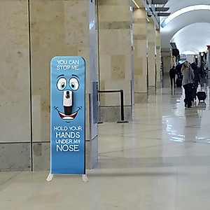 BannerBuzz Hand Sanitizer Automatic Dispenser Floor Stand Kit Touchless Machine Hold Your Hands Fabric Banner+ Stand for Hospital, Home, School, Office - 2 X 6.5 Ft (Single Side Graphic Print)