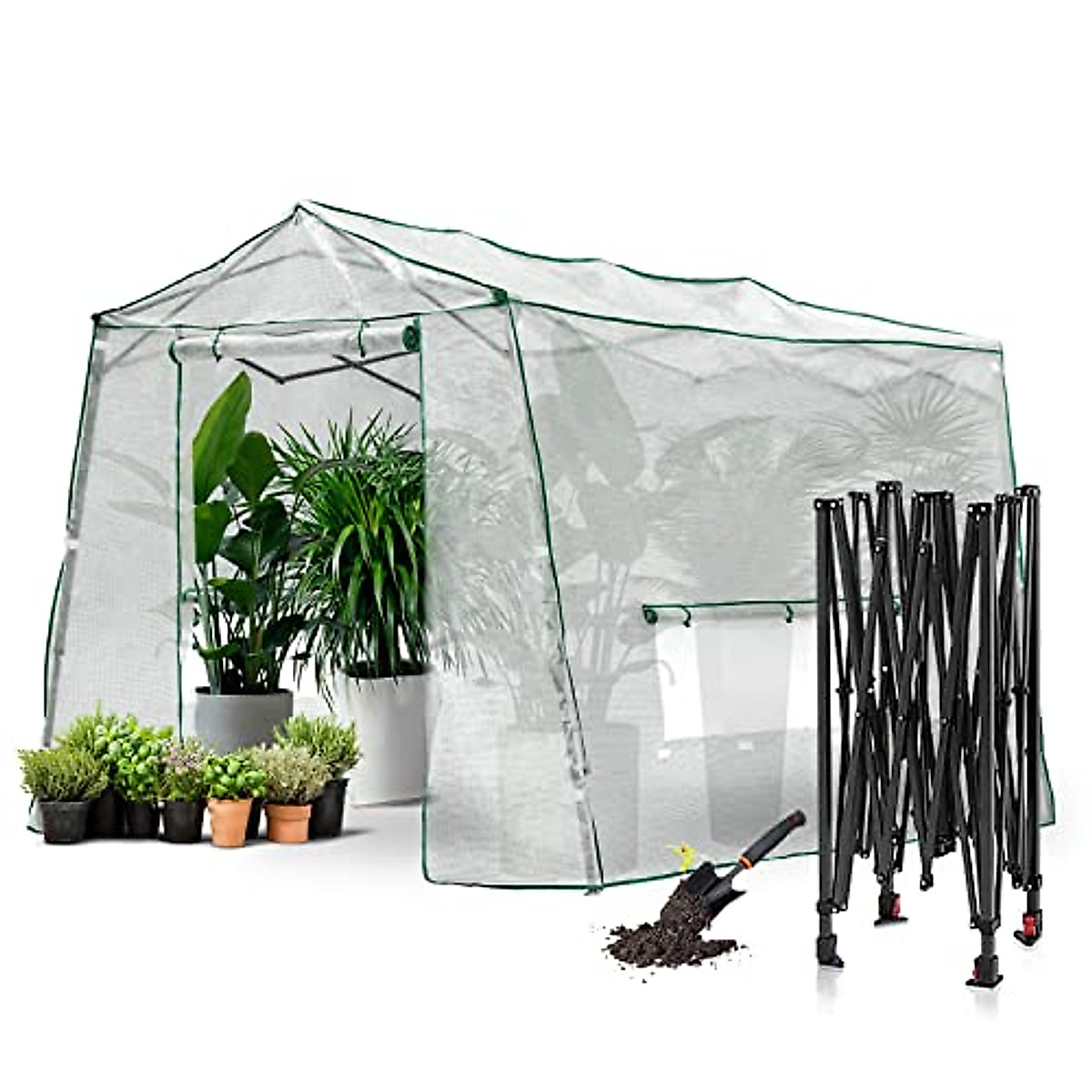 MeetLeisure Walk-in Greenhouse 8.5 Ft x 7 Ft Pop-up Outdoor Green House Plant Gardening Canopy, Roll-up Zipper Entry Doors and 3 Large Roll-Up Side Windows with Garden Hand Shovel(Medium, White)