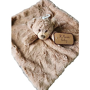 K. Luxe Baby Security Blanket Lovey with Rattle (Brown Bear), 14" x 14"