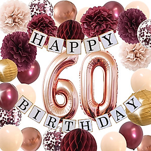 60th birthday decorations women – Rose gold 60 birthday party supplies for Happy Womens with Fabulous Champagne burgundy flowers Balloons Tissues Decor (burgundy + Champagne)