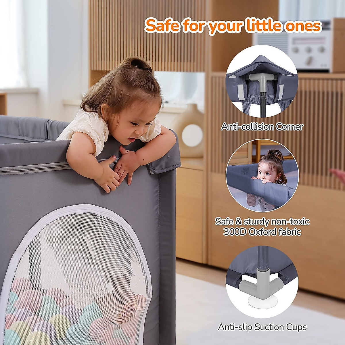 Baby Playpen, Baby Fence with Gates, Playpen for Babies and Toddlers, Playards with Pull-up Rings, Visible Mesh, Safe Anti-Fall Sturdy Baby Play Area, Waterproof Oxford Cloth 50x50"