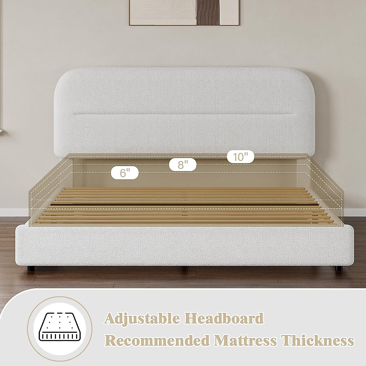HOMBCK Queen Size Boucle Bed Frame, Upholstered Bed Frame with Headboard, Soft Cloud Bed Frame with Thickened Footboard, Rounded Corners, No Box Spring Needed, Easy Assembly, White