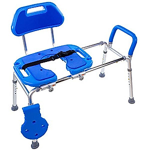 Sliding Shower Chair HydroGlyde Premium Heavy Duty, Padded Bathtub Transfer Bench with Cut Out Seat, for Bath Tub, Adjustable Legs, and Safety Belt, Quick Tool-Less Assembly, Blue
