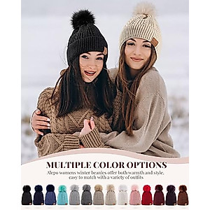 Alepo Womens Winter Beanie Hat, Warm Fleece Lined Knitted Soft Ski Cuff Cap with Pom Pom(Black)