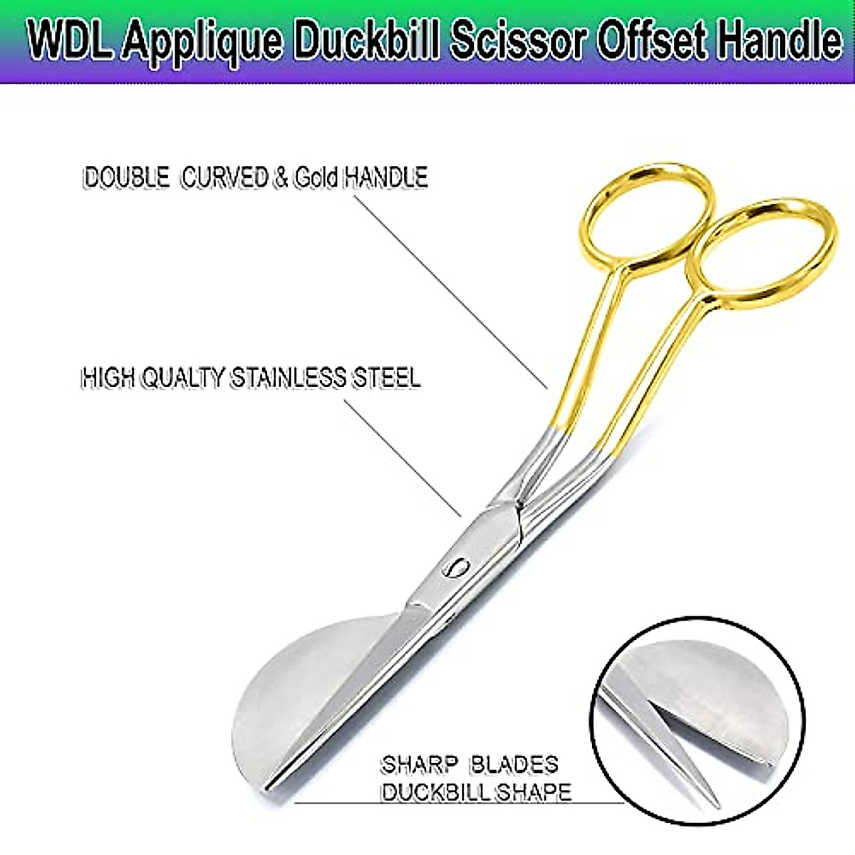 WellnessD'Light 6 Inch Stainless Steel Applique Duckbill Scissors Blade with Offset Handle & 6 Inch Machine Embroidery Double Curved Scissors Bundle Rainbow Color & Gold Handle by WDL