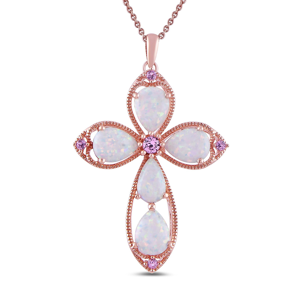 Amazon Essentials Womens 14K Rose Gold over Sterling Silver Created Opal with Created Pink Sapphire Cross Pendant Necklace, 18", (previously Amazon Collection)