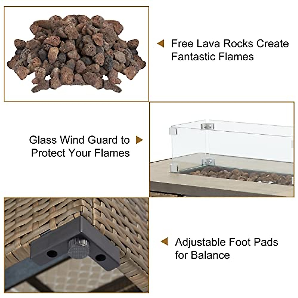 Patio Propane Fire Pit Table - 32 inch Outdoor PE Rattan Rectangle Tan Wicker Gas Fire Table with Ceramic Tile Tabletop, Glass Wind Guard for Outside, Garden, Backyard, Brown