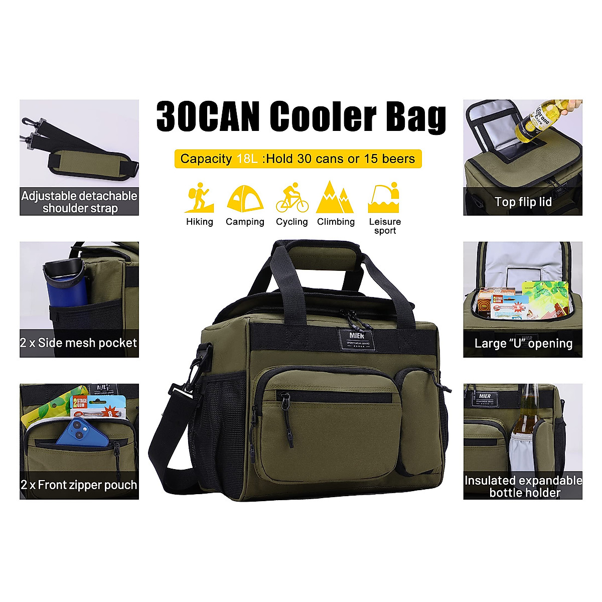 MIER Leakproof Insulated Cooler Lunch Bag for Adult Men Women 30 Can Cooler Bag with Top Flip Lid, 18L, Multiple Pockets (Dark Green-No Luggage Strap)