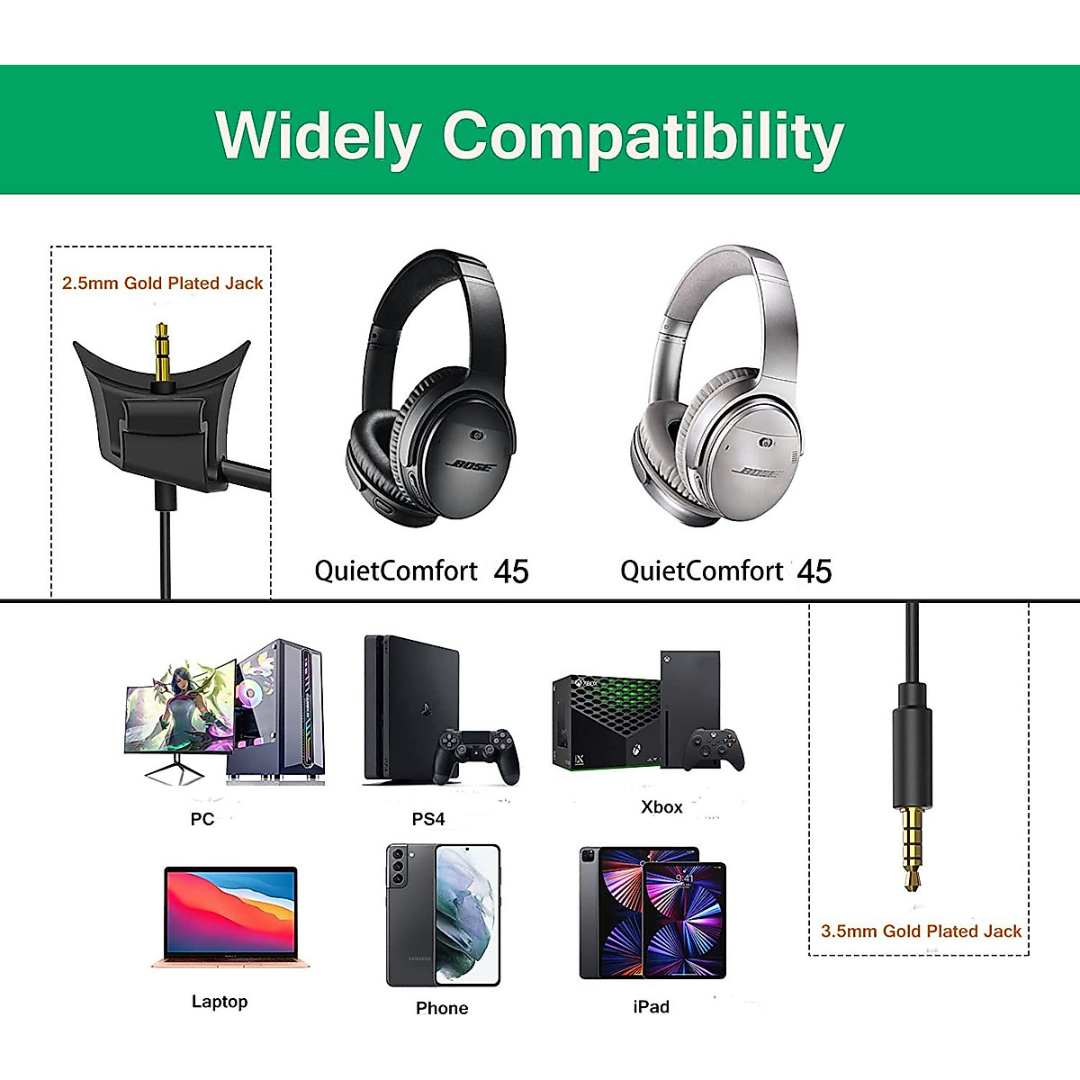 XBERSTAR Microphone Cable Compatible with Bose QuietComfort 45(QC45) Headphones with Volume Control & Mute Switch for PC, Laptop, PS4 PS5 Xbox One Controller (Black)