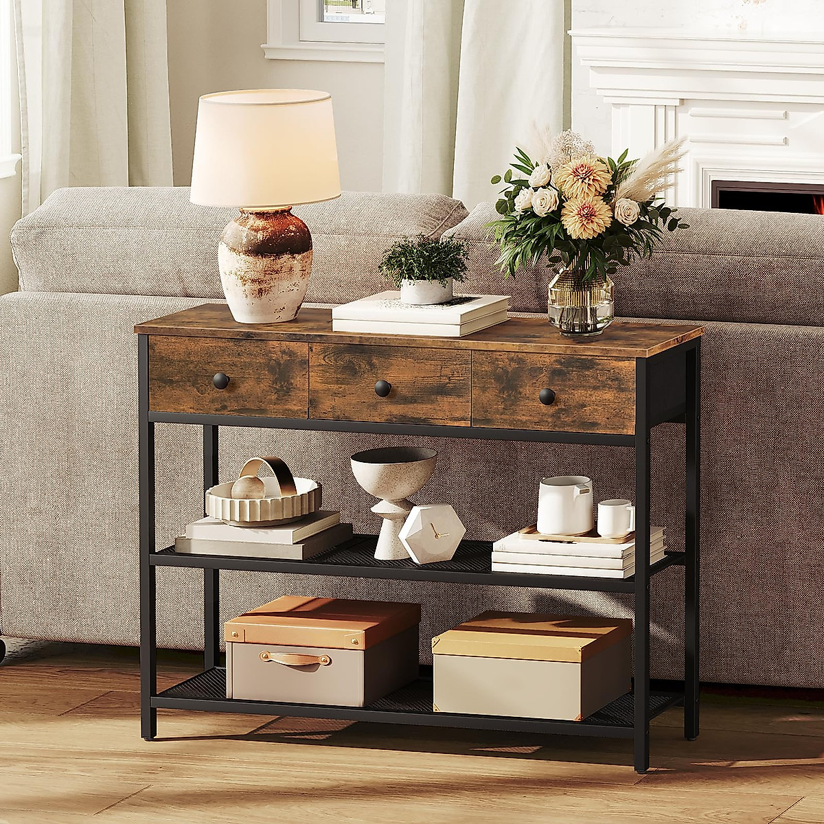 HOOBRO 39.4" Narrow Console Table with 3 Fabric Drawers, Small Entryway Table with 3-Tier Storage Shelves, Thin Sofa Table, Side Table, for Living Room, Hallway, Rustic Brown and Black BF82XG01