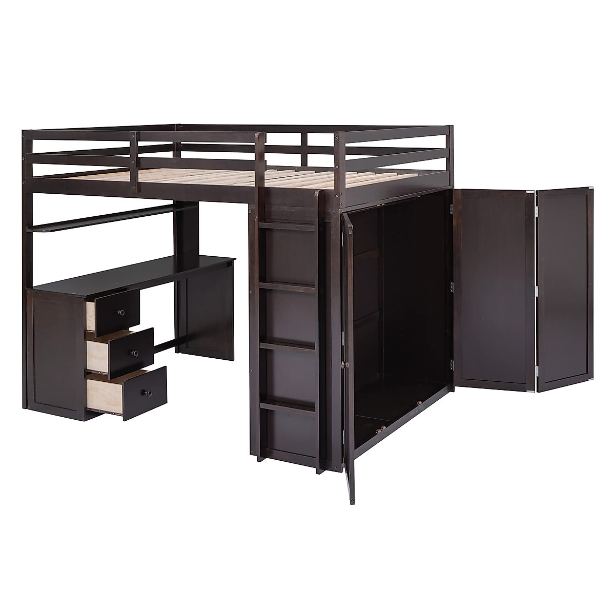 Merax Loft Bed Full Size Adult, Wooden Frame with Desk and Storage, Space-Saving Design with Wardrobe & 3 Drawers, for Teen Girls & Boys(Espresso)