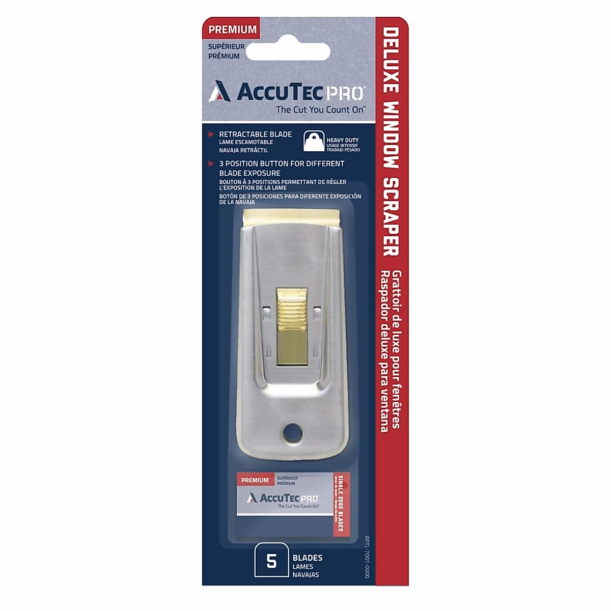 AccuTec Pro Heavy Duty Window Scraper with 5 Blades - Full Metal Body for Longevity and High Carbon Steel Blades for Optimized Sharpness and Durability - APTL-7001