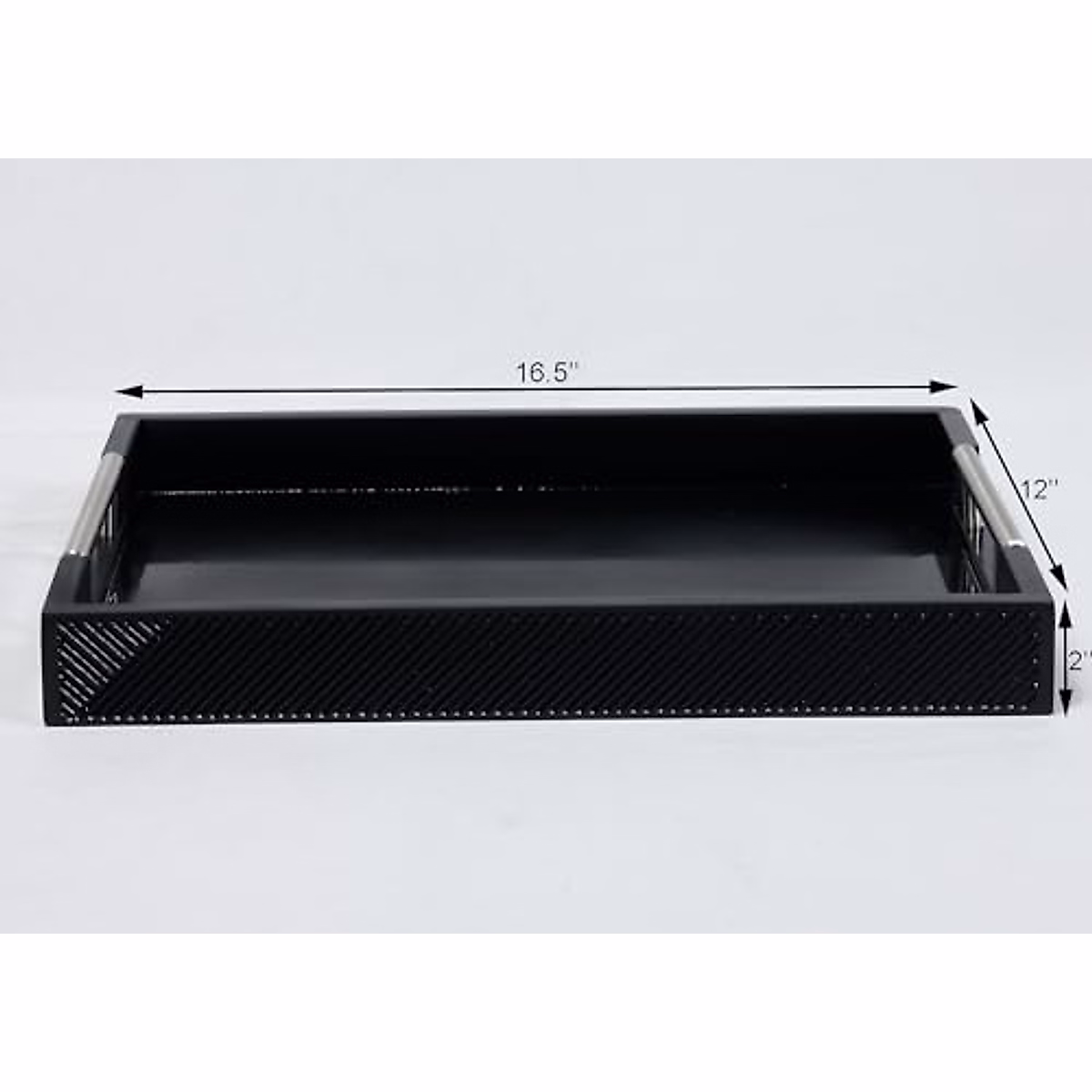 Serving Tray with Polished Metal Handles, 16.5''x12'' Rectangle Coffee Table Tray, Modern Decorative Tray, Large Ottoman Tray, Perfect for Storage and Display (Black)