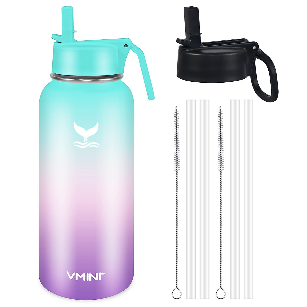 Vmini Water Bottle with New Wide Handle Straw Lid, Wide Mouth Vacuum Insulated 18/8 Stainless Steel, 4 Straws and 2 Brushes, 32 oz, Gradient Mint + Pink + Purple