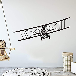 Makeyes Biplane Airplane Wall Decal Vinyl Sticker Decor for Kids Boys Nursery Living Room Design Bedroom Decoration DIY YMX53 (Black, 57X23CM)