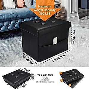FujDun® Folding Storage Foot Rest Footstool with Side Pocket, Leather Ottoman Seat for Couch, Living Room Bedroom or Dorm,Padded with Thick Sponge,16X12X12in Black