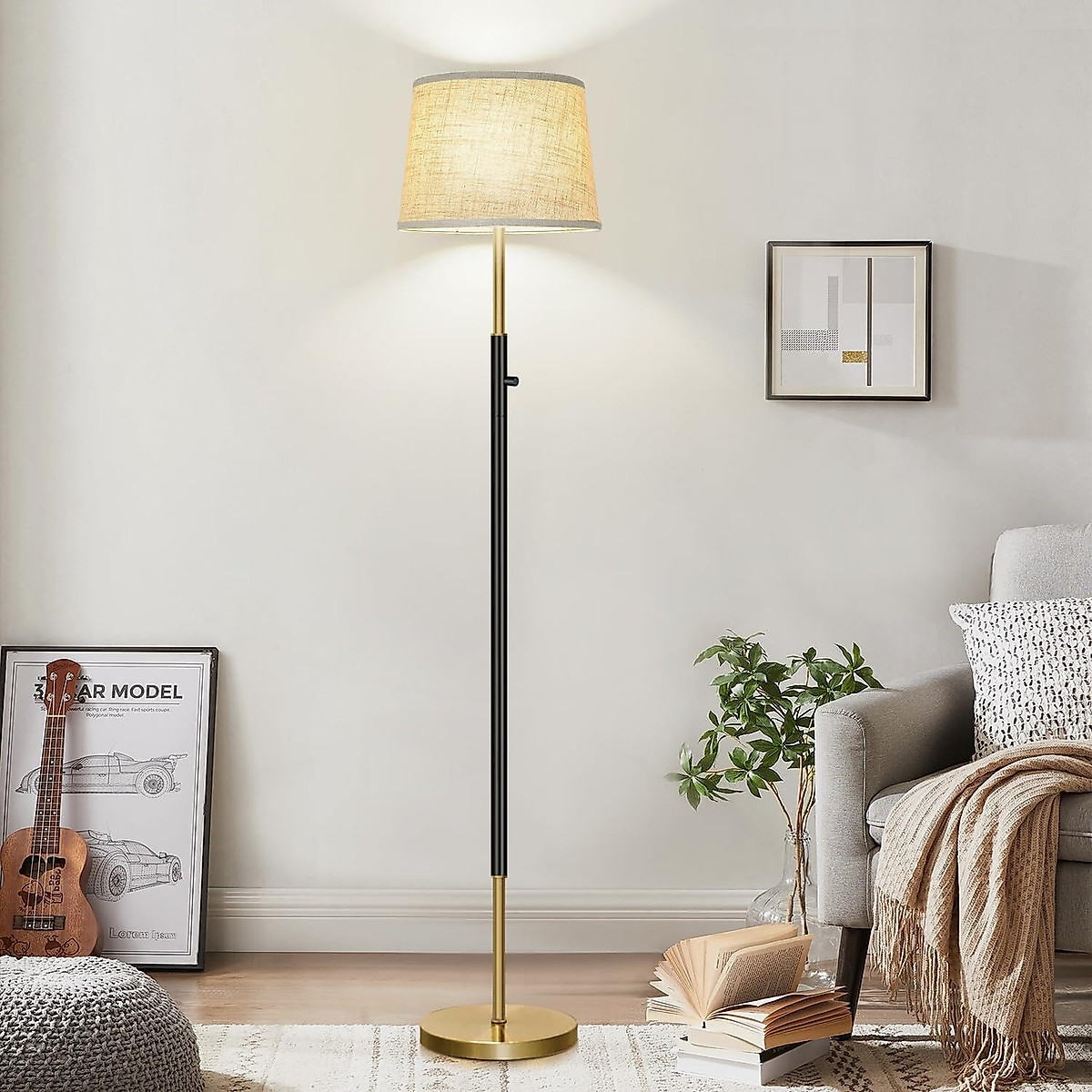 Dimmable Floor Lamp, 1100 Lumens LED Bulb Included, Gold Floor Lamps for Living Room Modern Standing Lamp with Natural Linen Shade, Tall Lamp for Living Room Bedroom Office Reading Dining Room