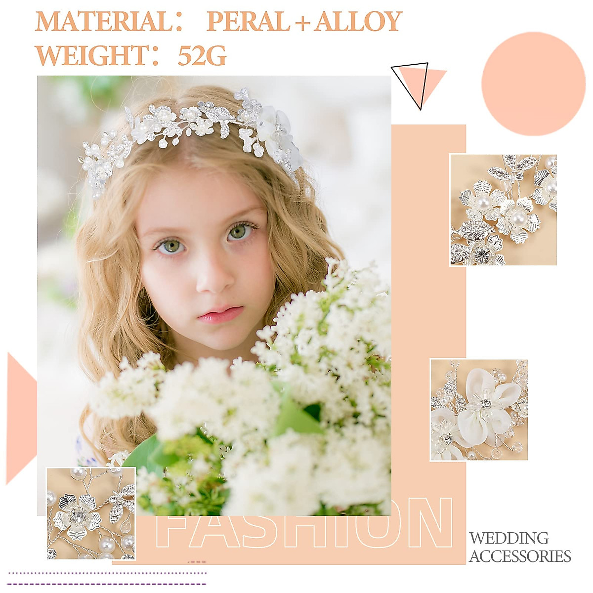 Kigeli Silver Flower Hair Band for Girls, 2 Pcs Wedding Headpiece with Tulle Flowers, Pearl, Crystal, Headband for Baby Kids Birthday Photography Hair Accessories