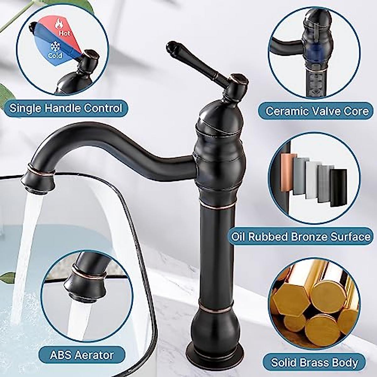 Solepearl Vessel Sink Faucet Oil Rubbed Bronze, 360° Swivel Bathroom Sink Faucet with Pop Up Drain, Countertop 7.87" Tall Spout Single Handle Lavatory Vanity Mixer Tap, Single Hole Deck Mount