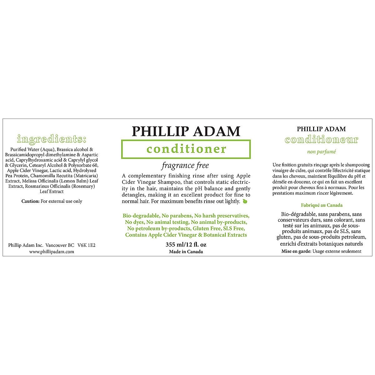Phillip Adam Fragrance Free Shampoo and Conditioner Set with Apple Cider Vinegar - pH Balancing - Enhance Shine and Smoothness- 12 Ounce Each