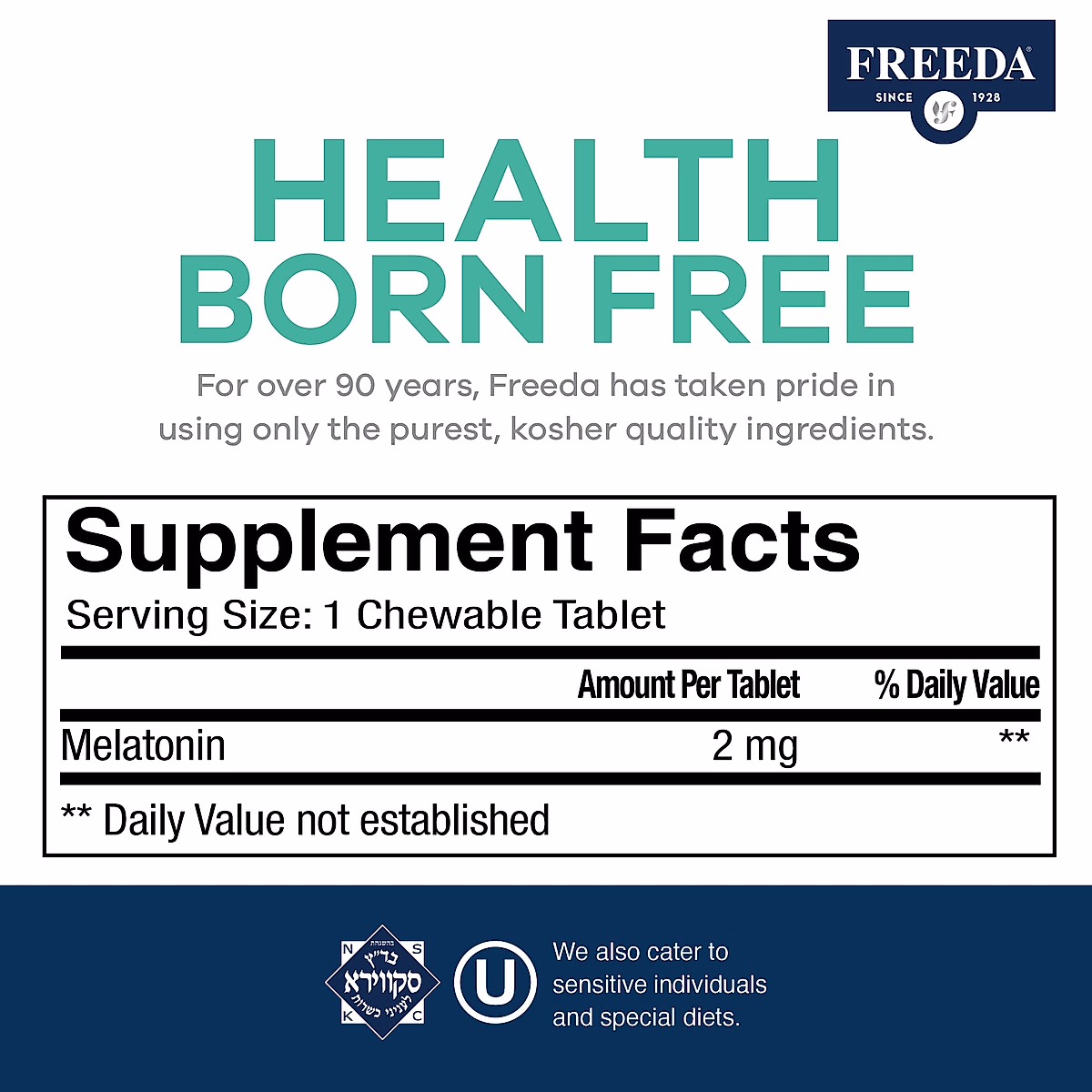 FREEDA Melatonin 2mg Sugar-Free Chewables – Natural Sleep Aid for Adults & Kids – Vegan, Kosher, Gluten-Free, Non-GMO, Easy Bedtime Support – 60 Tablets