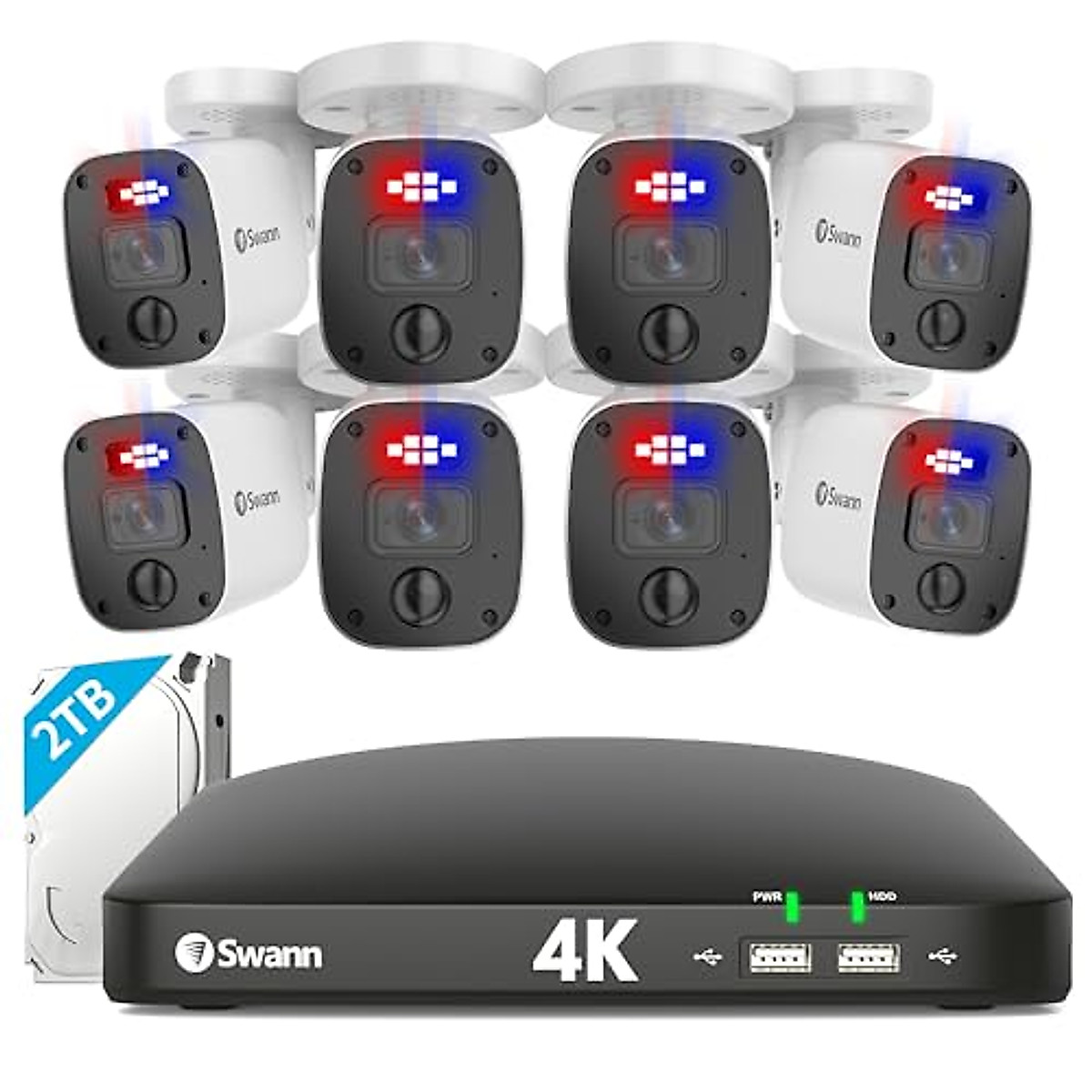 Swann Home DVR Security Cam System with 2TB HDD, 8 Channel 8 Cam, 4K UHD Video, Indoor Outdoor Wired Surveillance CCTV, Color Night Vision, Heat Motion Detection, LED Lights, Sirens, 856808