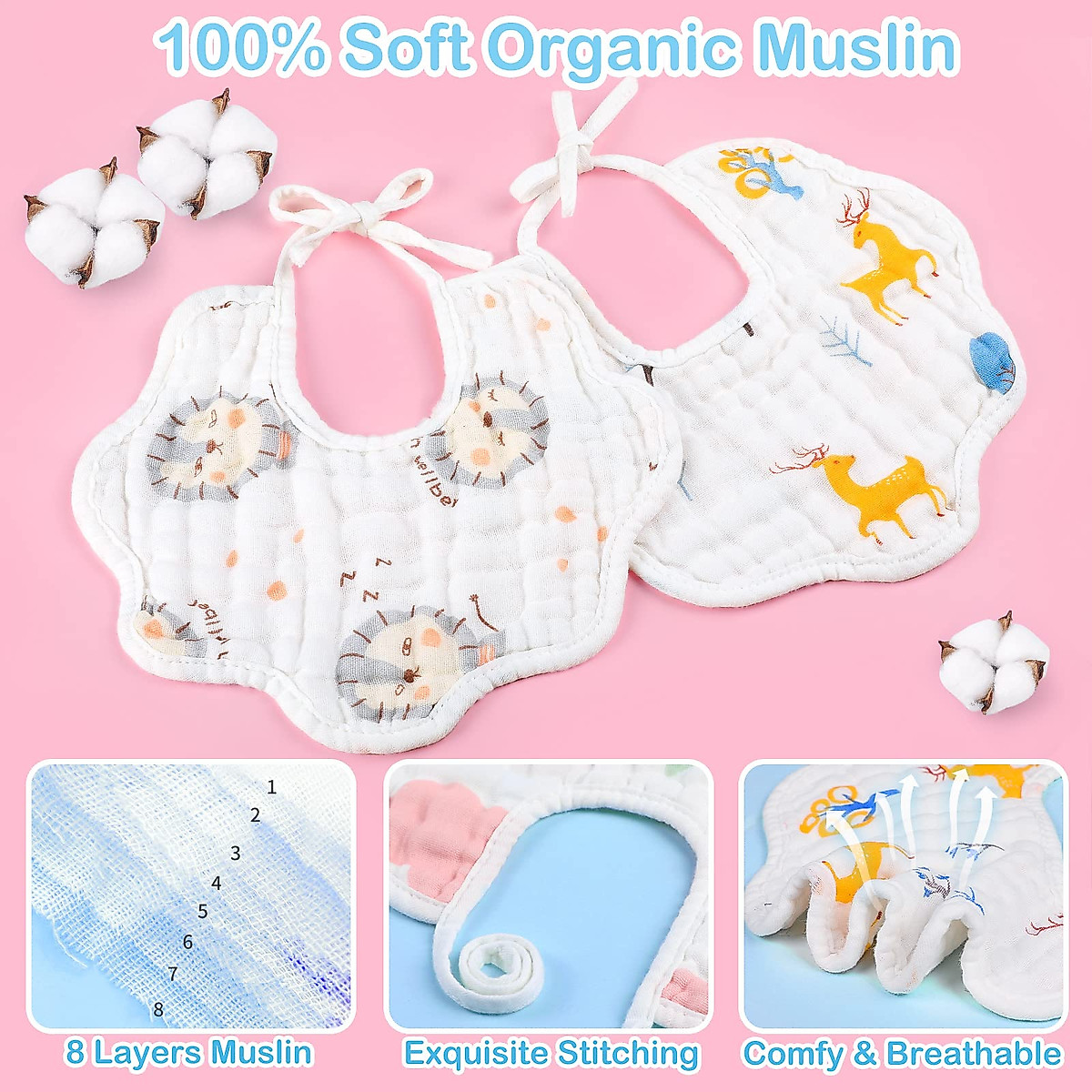 10PCS Muslin Baby Bibs for Girls Boys Unisex Adjustable Newborn Teething Drool Bibs for Baby Boy Girl Soft & Absorbent Infant Toddler Bibs 0-6 Months Baby Bandana Bibs for Boys Girls Baby Shower Gifts