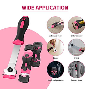 Ywmoml 3 Pack Razor Blade Scraper, Plastic Razor Blade Scraper, Scraper Tool with Extra 30 Plastic Razor Blades and 30 Metal Blades, Razor Scraper for Gum, Cooktop, Wallpaper or Glass Tool (Pink)