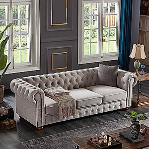 ERYE 88.5" 3-Seaters Chesterfield Sofa&Couch, Clasic Luxury Roller Armrest Special Wood Legs Sectional,Button Tufted Linen Upholstered Modular Sofa Couch with Removable Cushions & Nailhead Decor